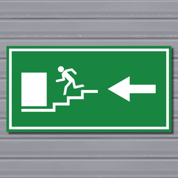Emergency Exit Sign – (Green, Run Left-Down, Arrow, Door & Stairs ...